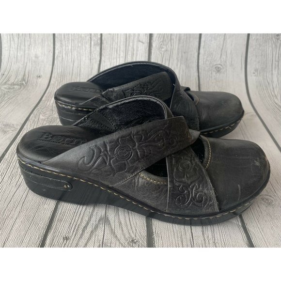 Born | Shoes | Born Shoes Womens Sz 85 Clogs Black Leather Tooled Cross ...